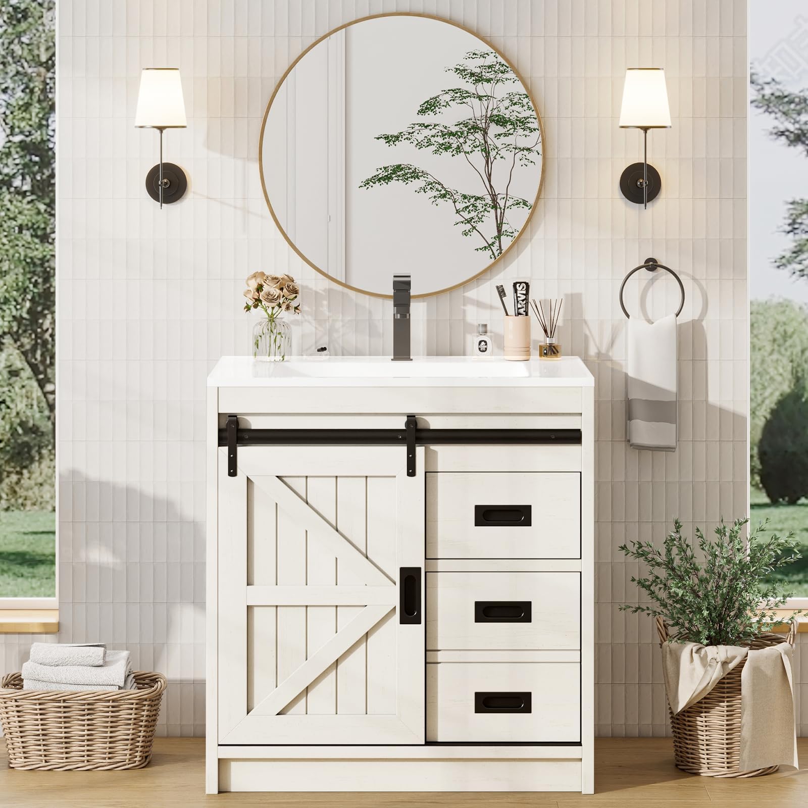 Amazon.com: AMERLIFE Sliding Barn Door Bathroom Vanity with Sink, 31in ...