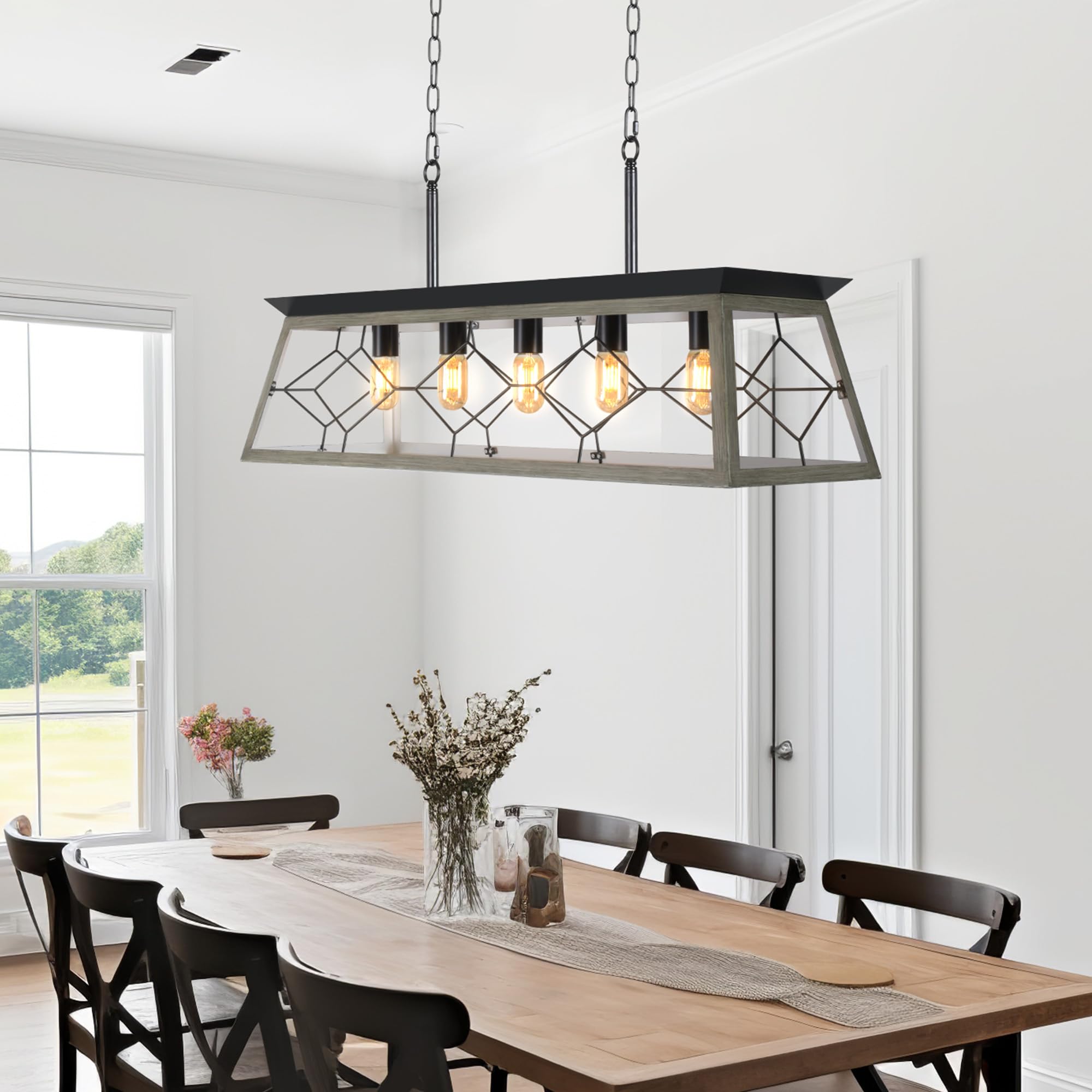 Snapklik.com : Farmhouse Rustic Chandelier Adjustable, 5 Lights Rectangular Island Pendant Light ...