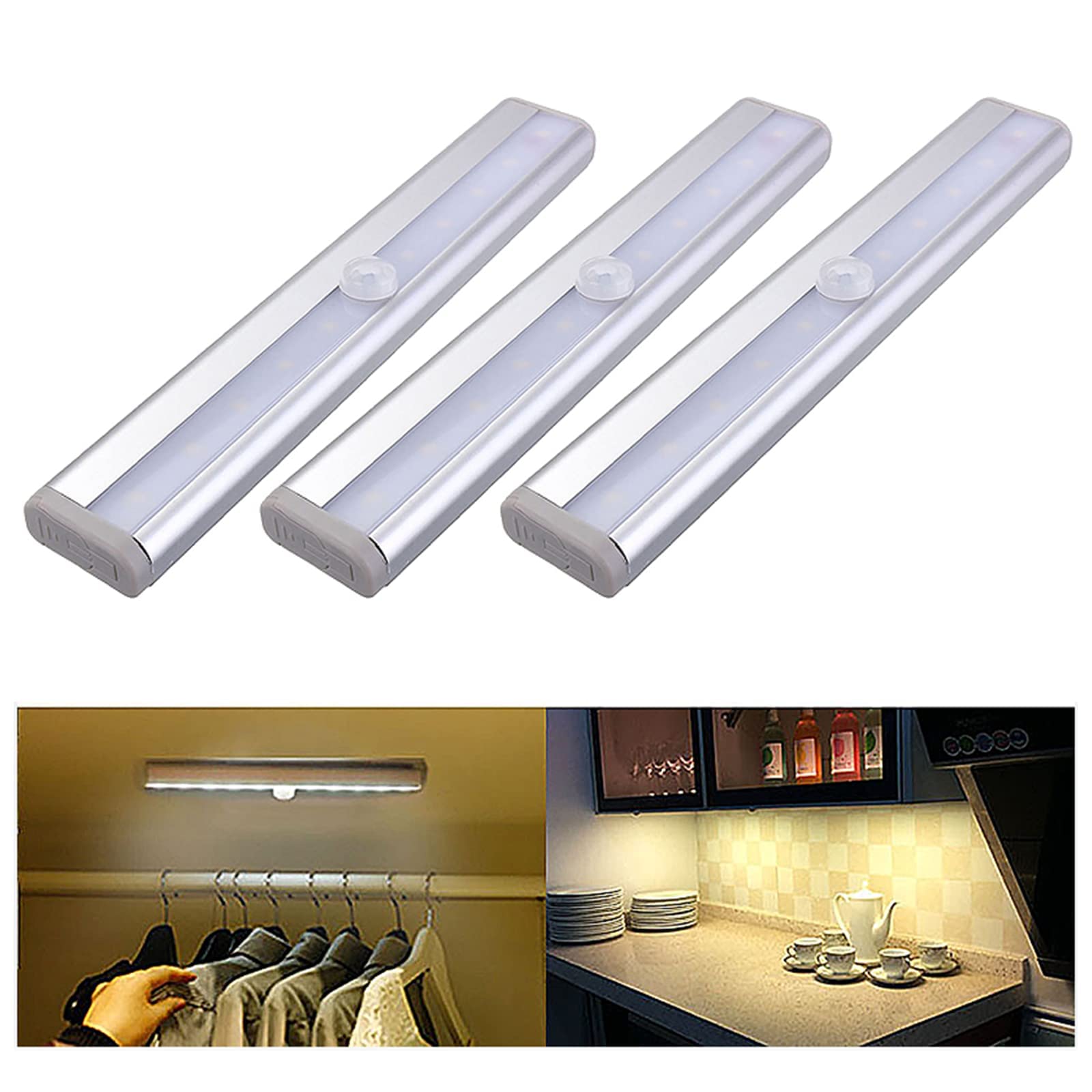 3 Pack 10 LED Induction Light Motion Sensor Night Light Closet Light ...
