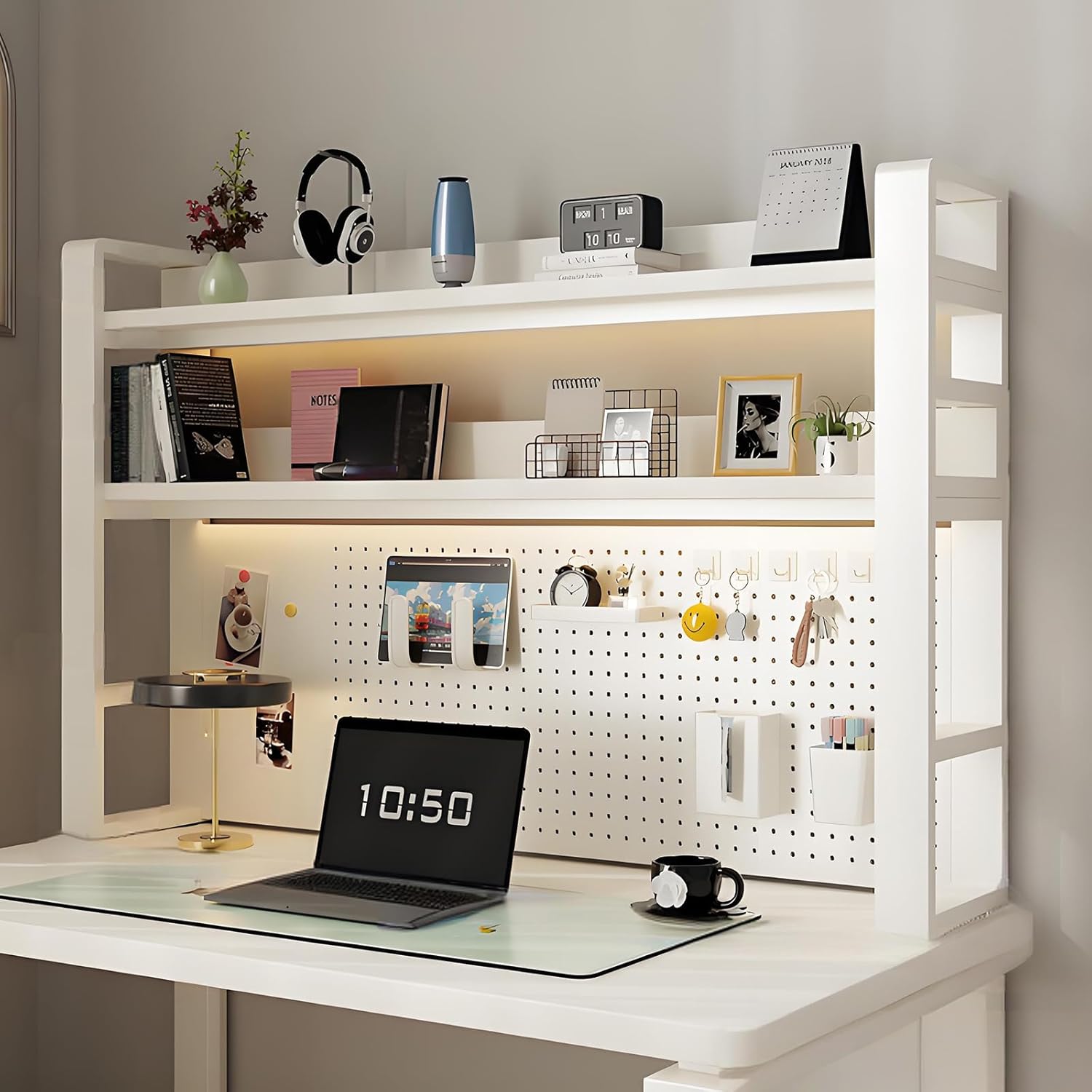 Amazon.com : 2/3 Tier Desk Hutch with Pegboard, Desk Shelf Organizer ...