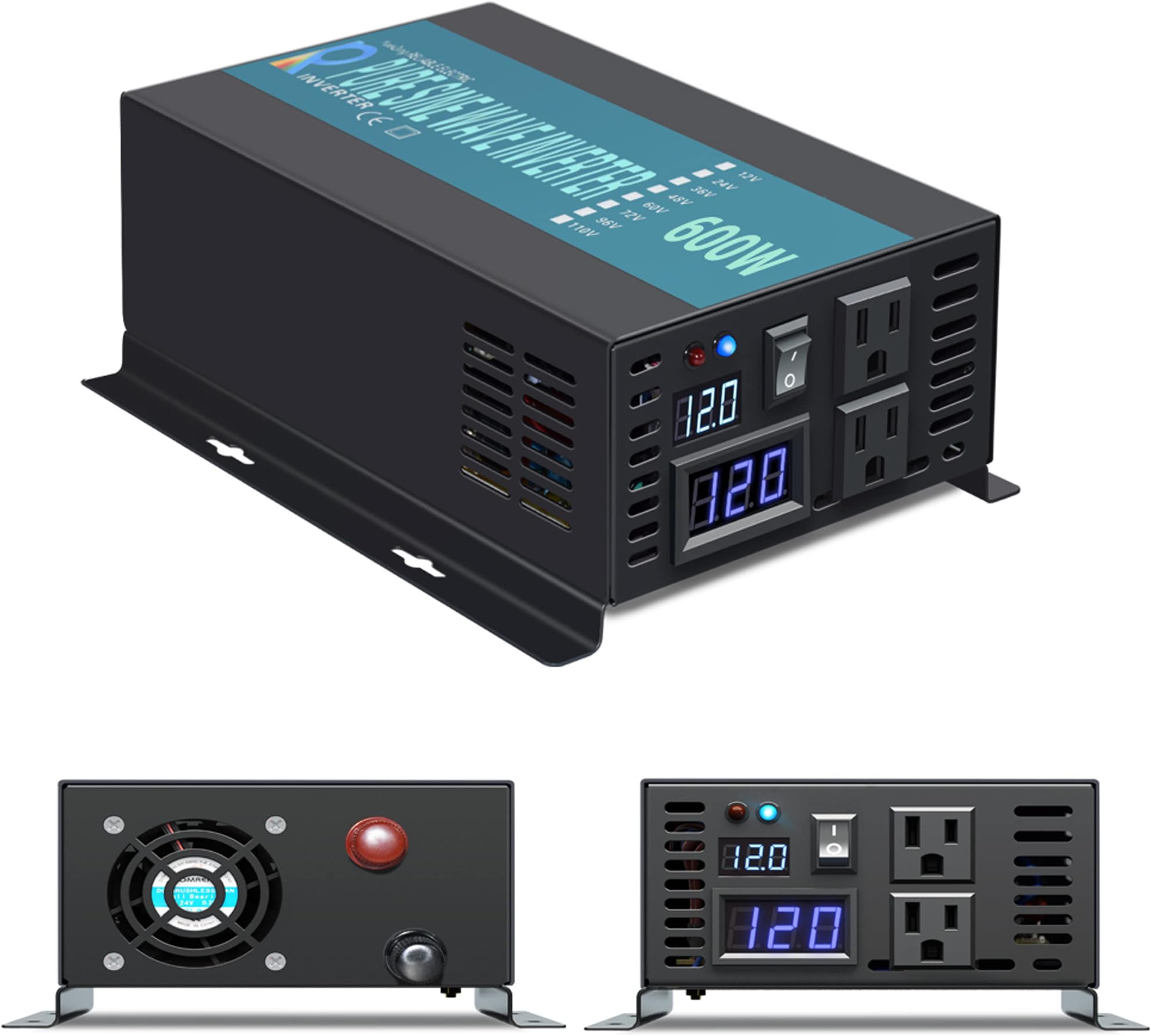 Amazon.com: PowerBright 600 Watt Pure Sine Wave Power Inverter, 12 V DC ...