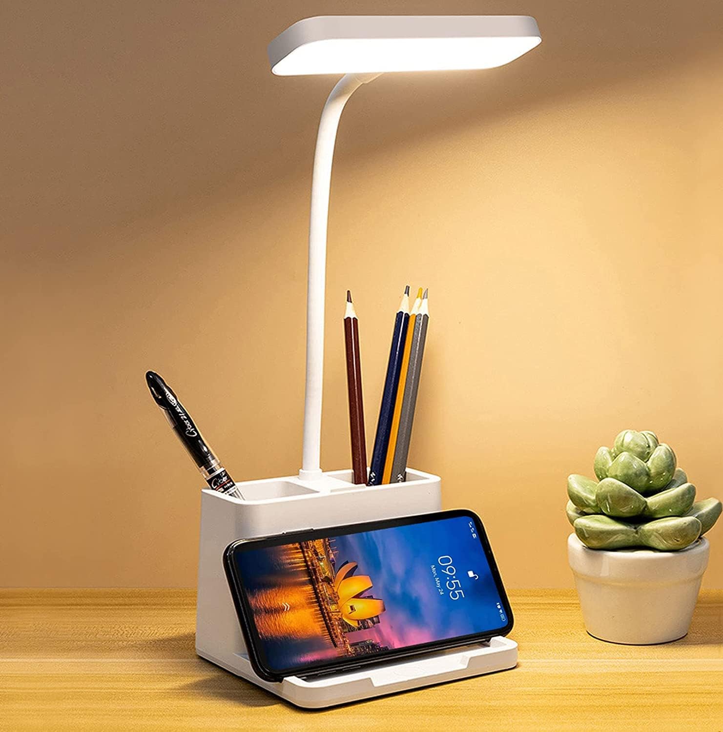 Esenlong LED Desk Lamp with Pen/Phone Holder, USB Rechargeable Reading ...