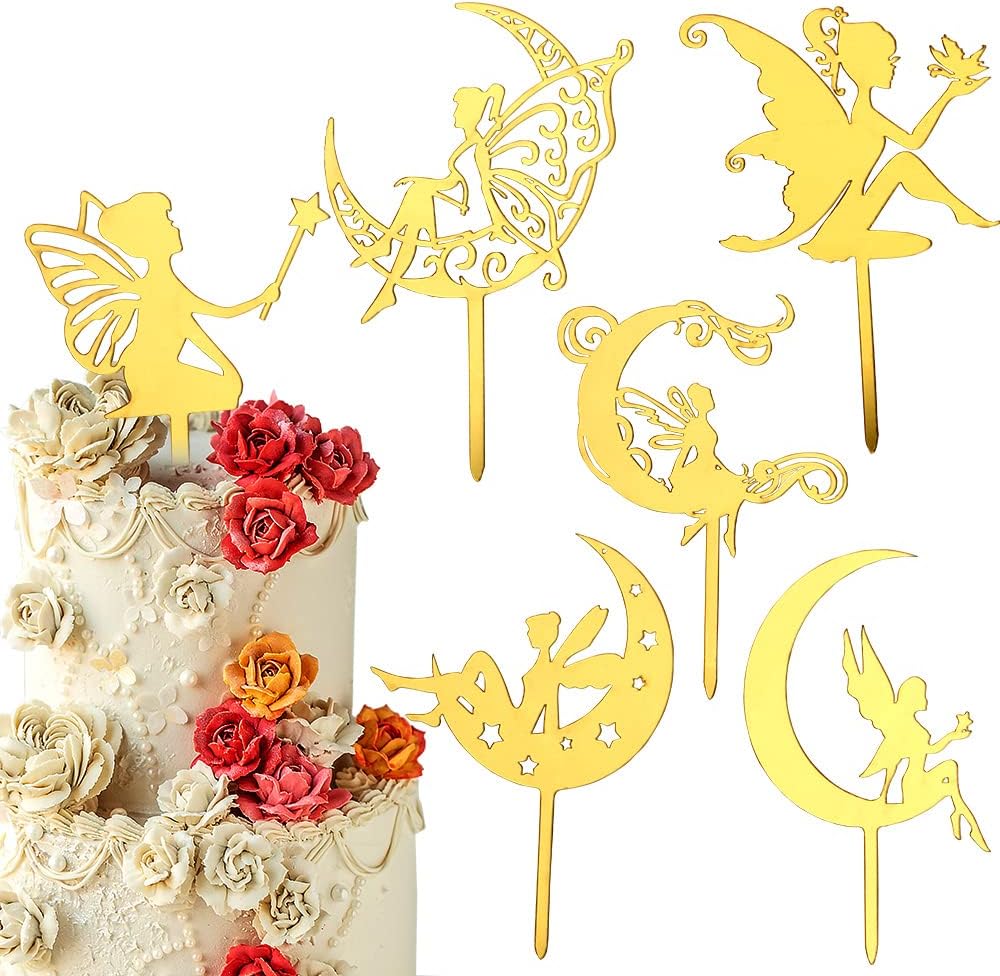 Amazon.com: 6Pcs Fairy Cake Topper Gold Acrylic Fairy Cupcake Toppers ...