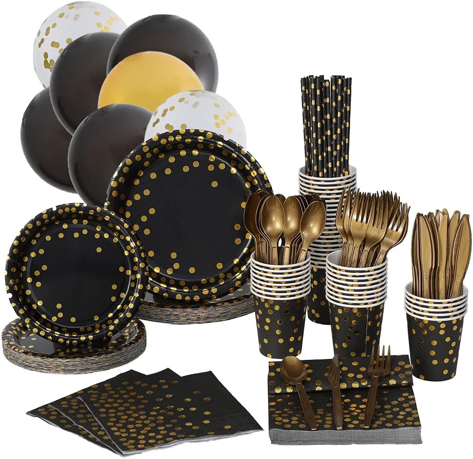 Amazon.com: Black and Gold Party Supplies Disposable Set 226 Pieces ...