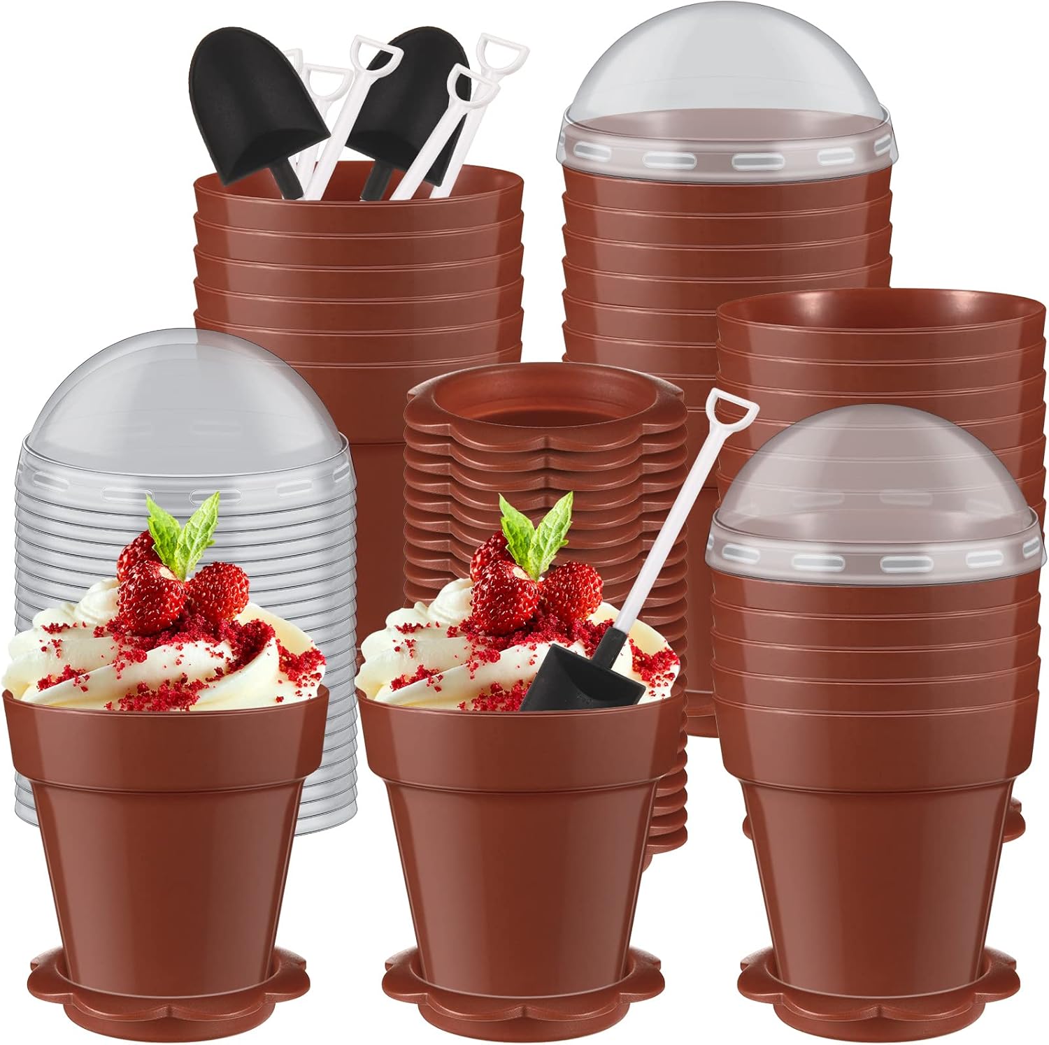 Amazon.com | 200 Pack Flowerpot Dessert Cup Plastic Cake Cups with Lid ...