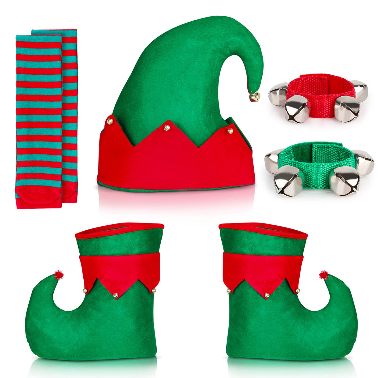 Amazon.com: Christmas Elf Costume Accessories Set Elf Hat Shoes Socks ...