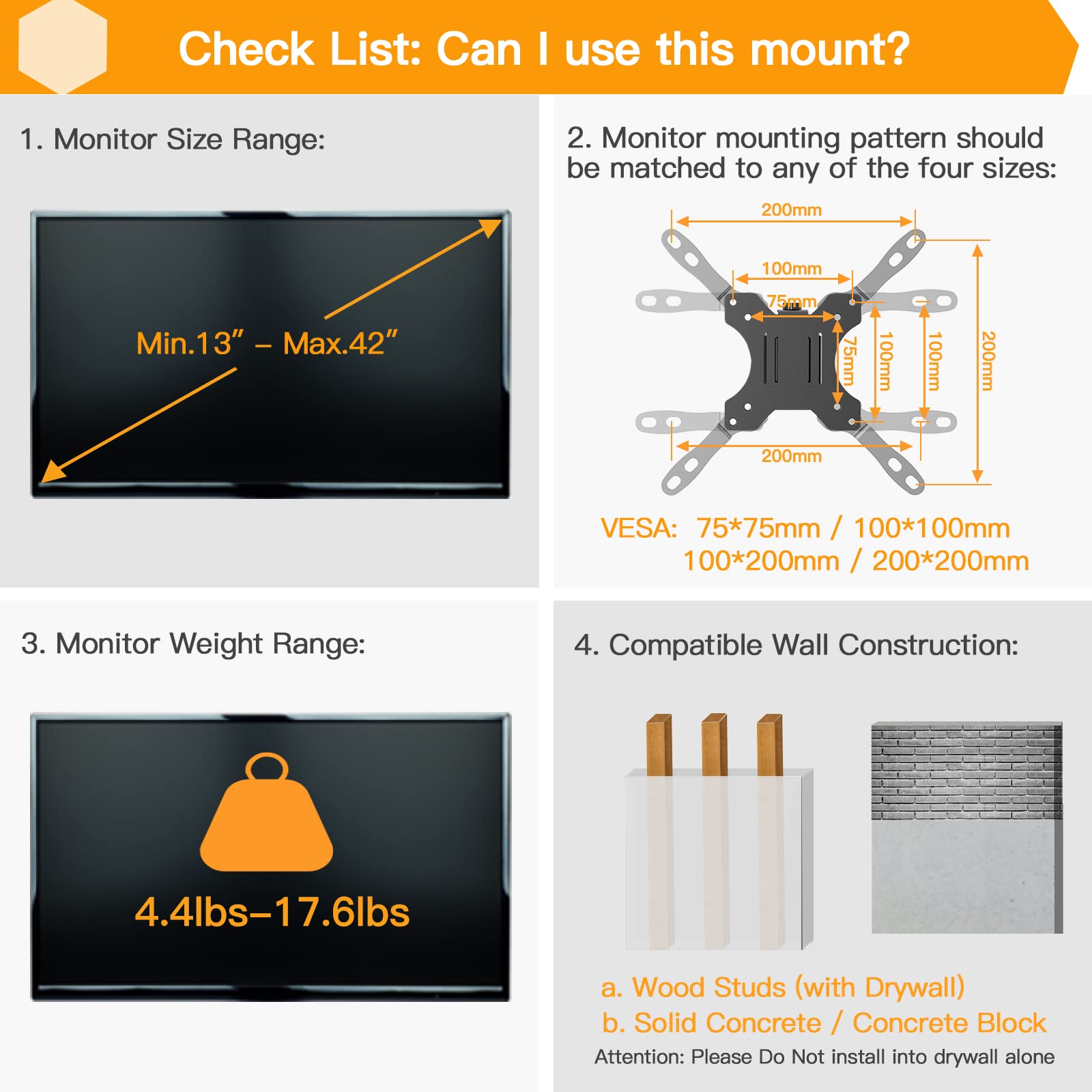 Buy ErGear Monitor Wall Mount Bracket for 13 to 42 Inch Screens, Gas ...