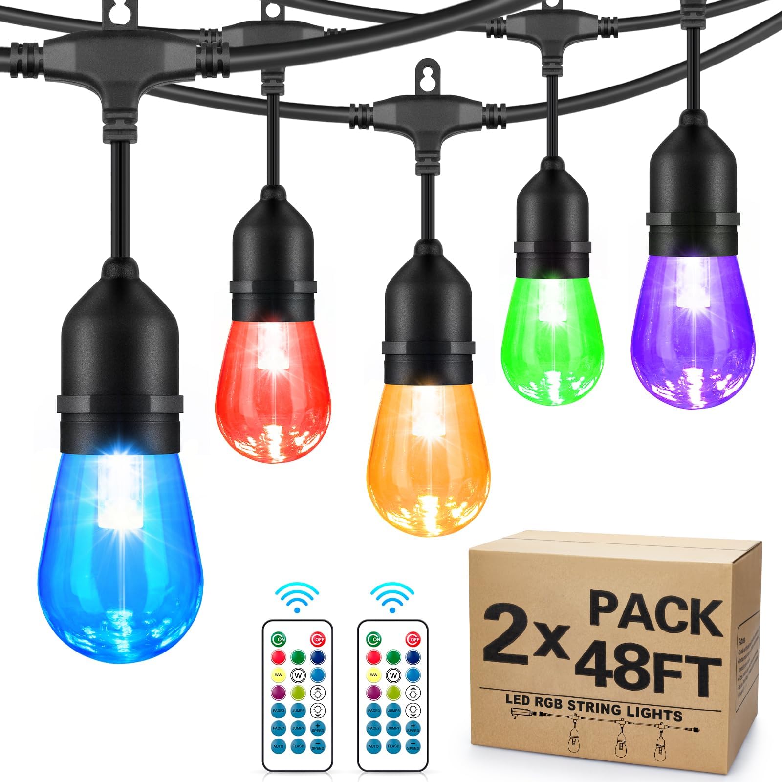WENFENG 48FT Outdoor RGB String Lights with Remote Control, Cafe LED ...