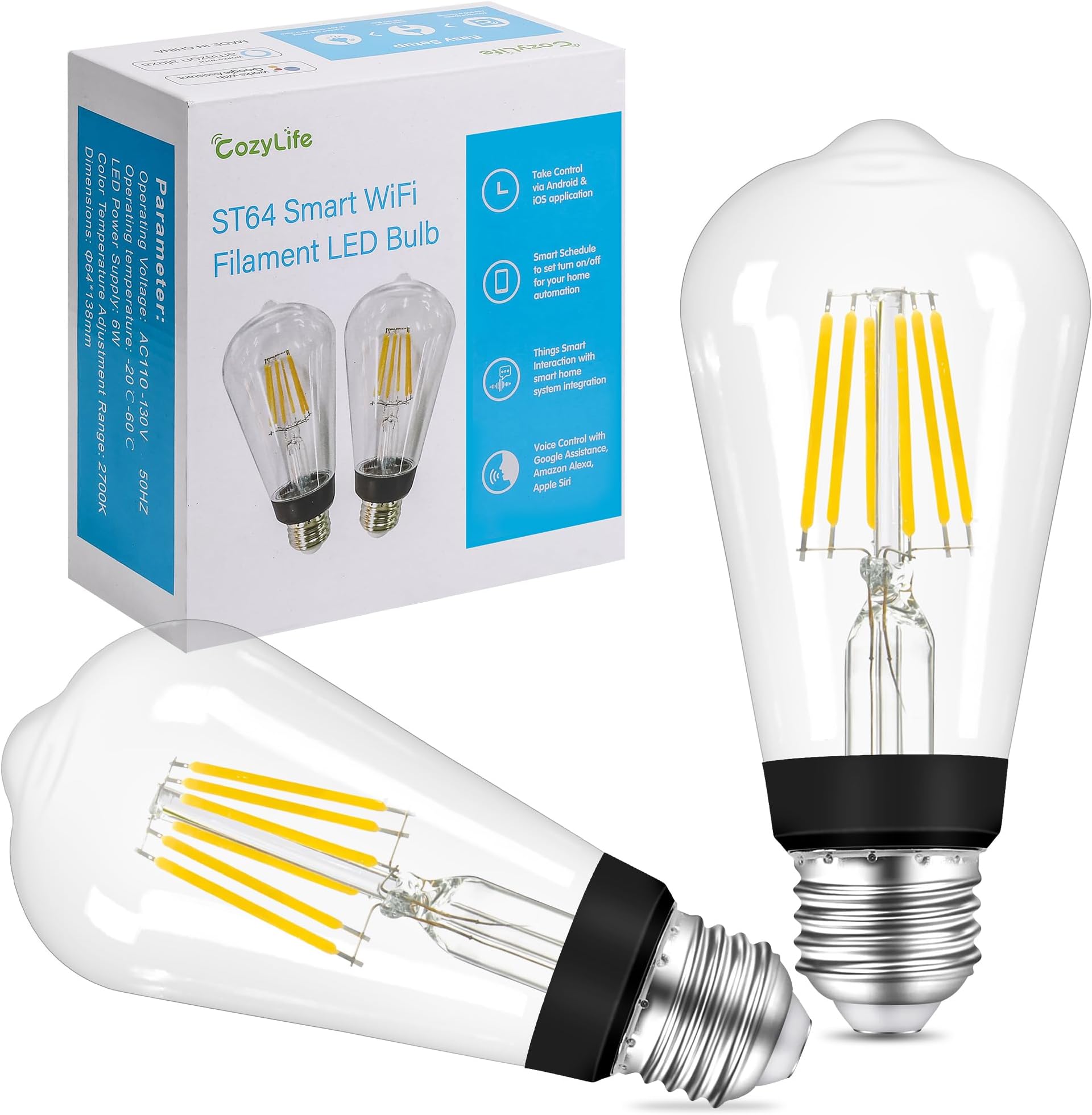 LUXIXI Wi-Fi Smart ST64 LED Filament Light Bulb, Control with App, Voice Control with Alexa ...