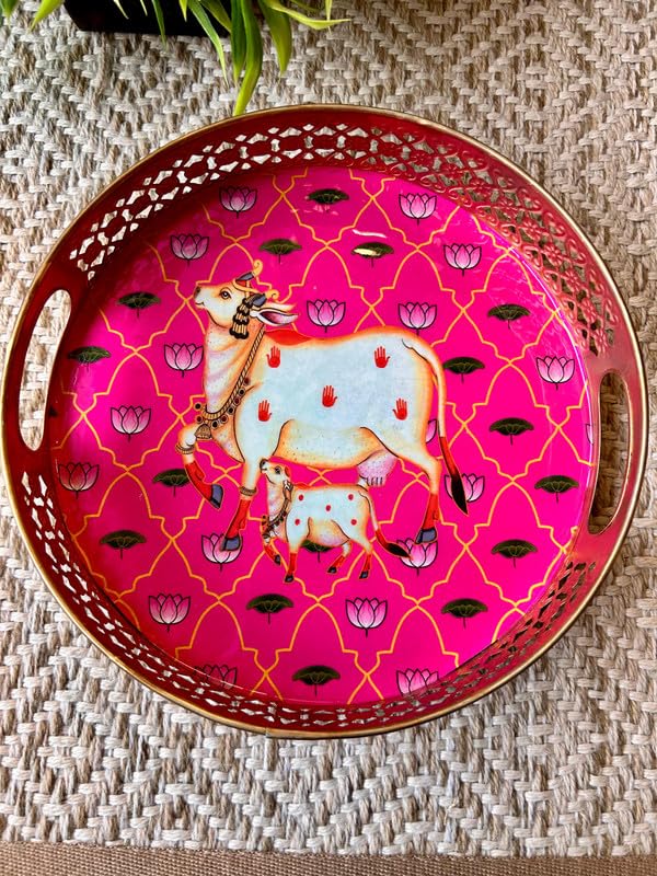 Gulcasa Handicarft Metal Cow Pichwai Print Round Tray for Home Decor ...