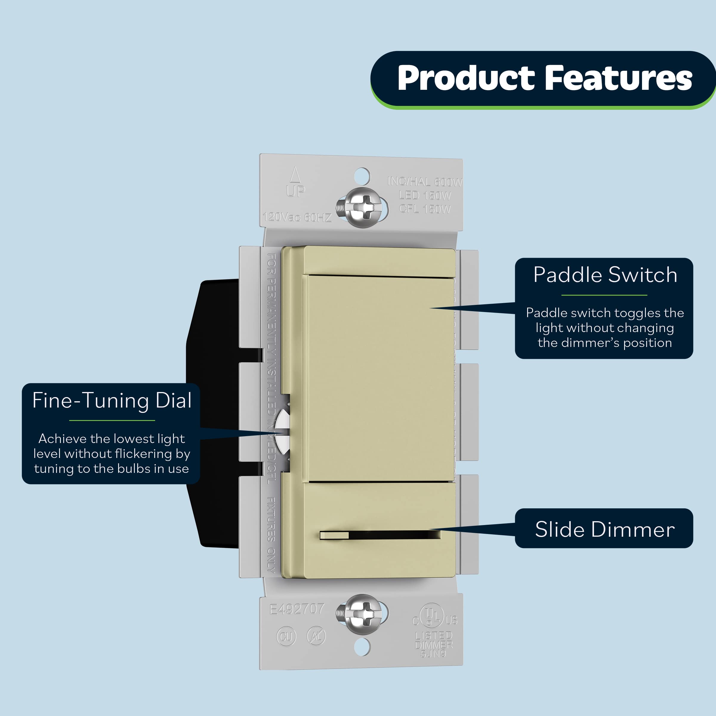 Snapklik.com : In Wall Slide Dimmer Switch, For 150W Dimmable LED, 600W ...