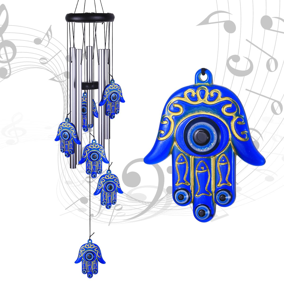 Amazon.com : Blue Evil Eye Hamsa Hand Wind Chimes Outdoor Decoration ...