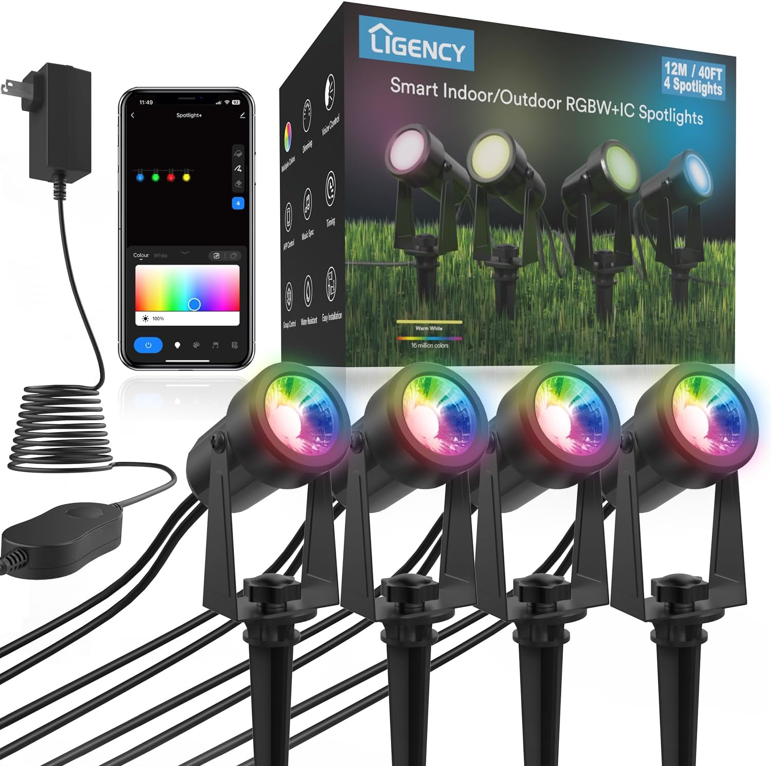 Ligency Low Voltage Landscape Lights, 40ft Wired Smart Waterproof RGBW ...