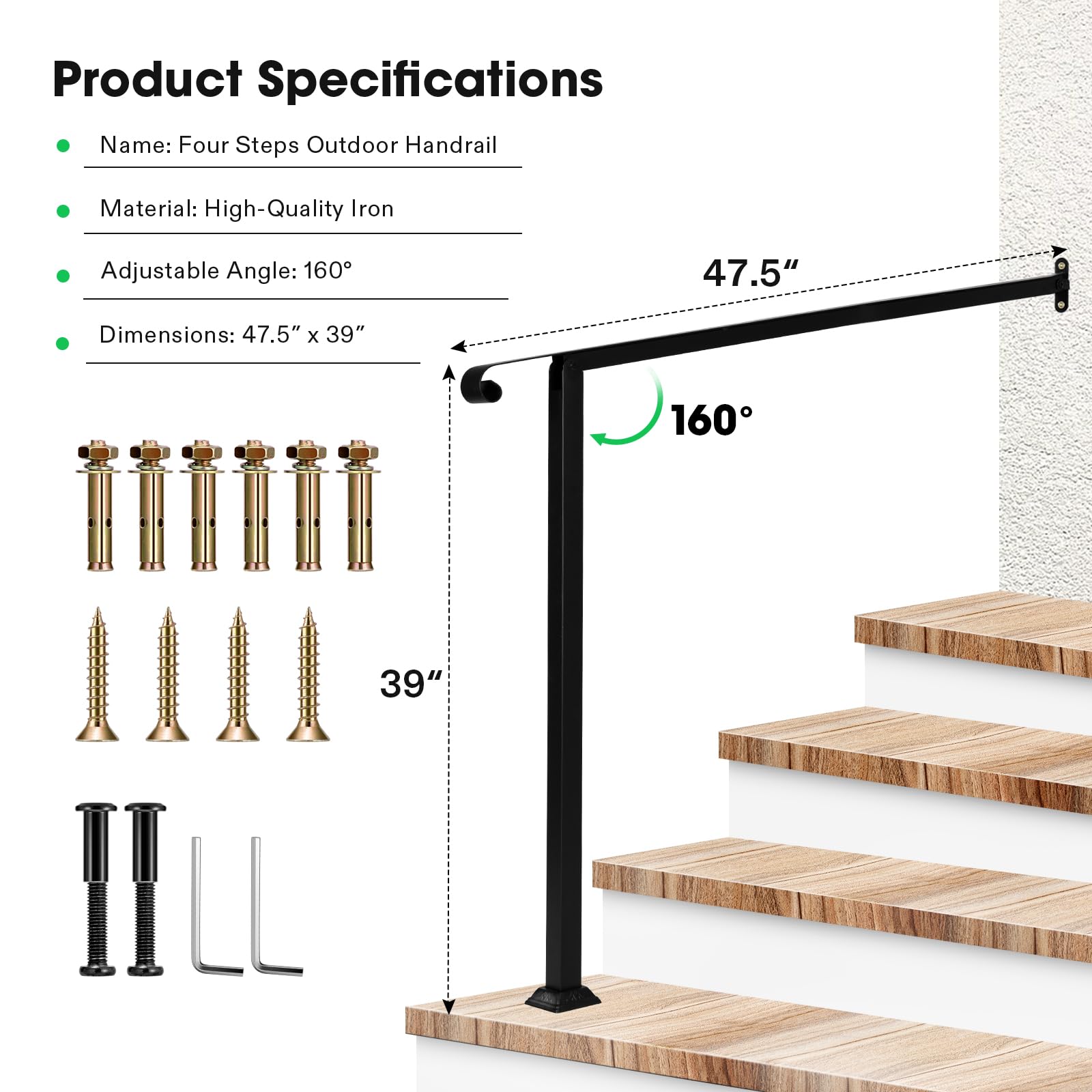 Snapklik.com : VIVOSUN Outdoor Handrail, 4 Step Stair Handrail, 47.5 X ...