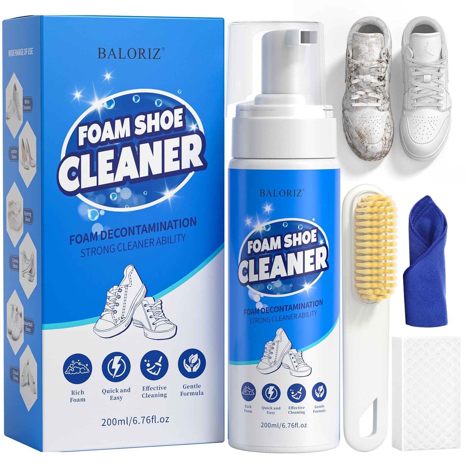 BALORIZ Sneaker Cleaner Kit, Shoe Cleaner Solution with Brush & Cleaning Cloth, No-Rinse White ...