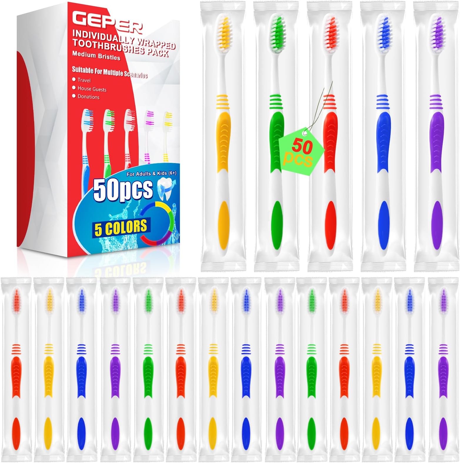 Amazon.com : GEPER 50PCS Individually Wrapped Bulk Toothbrush Pack ...