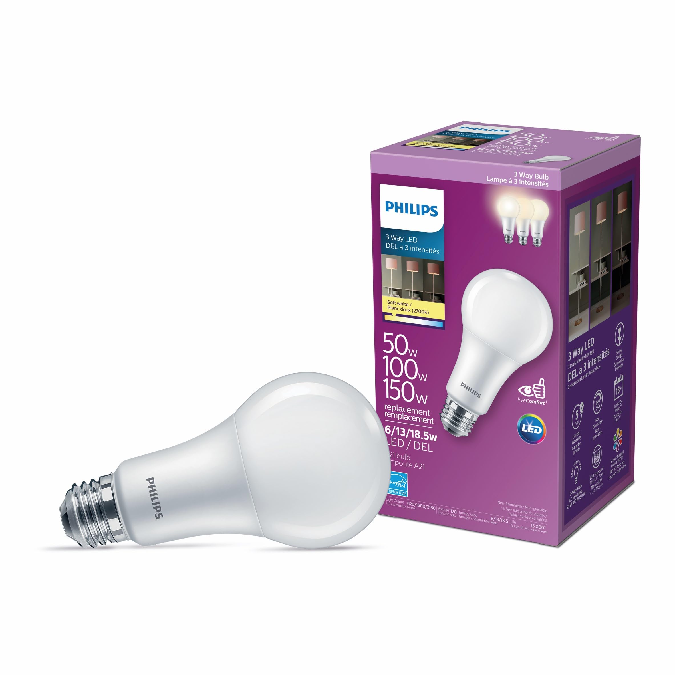 Philips LED 50/100/150W 3Way Soft White (2700K), LED Bulbs - Amazon Canada