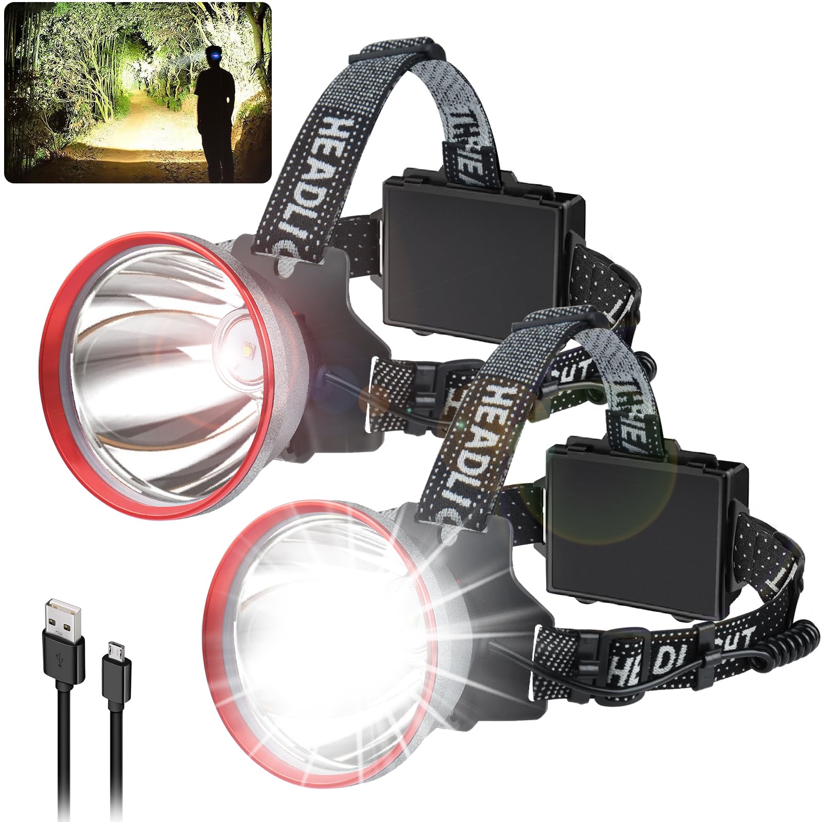 Aikertec Rechargeable Headlamp 2 Pack Super Bright Head Lamp Flashlight ...