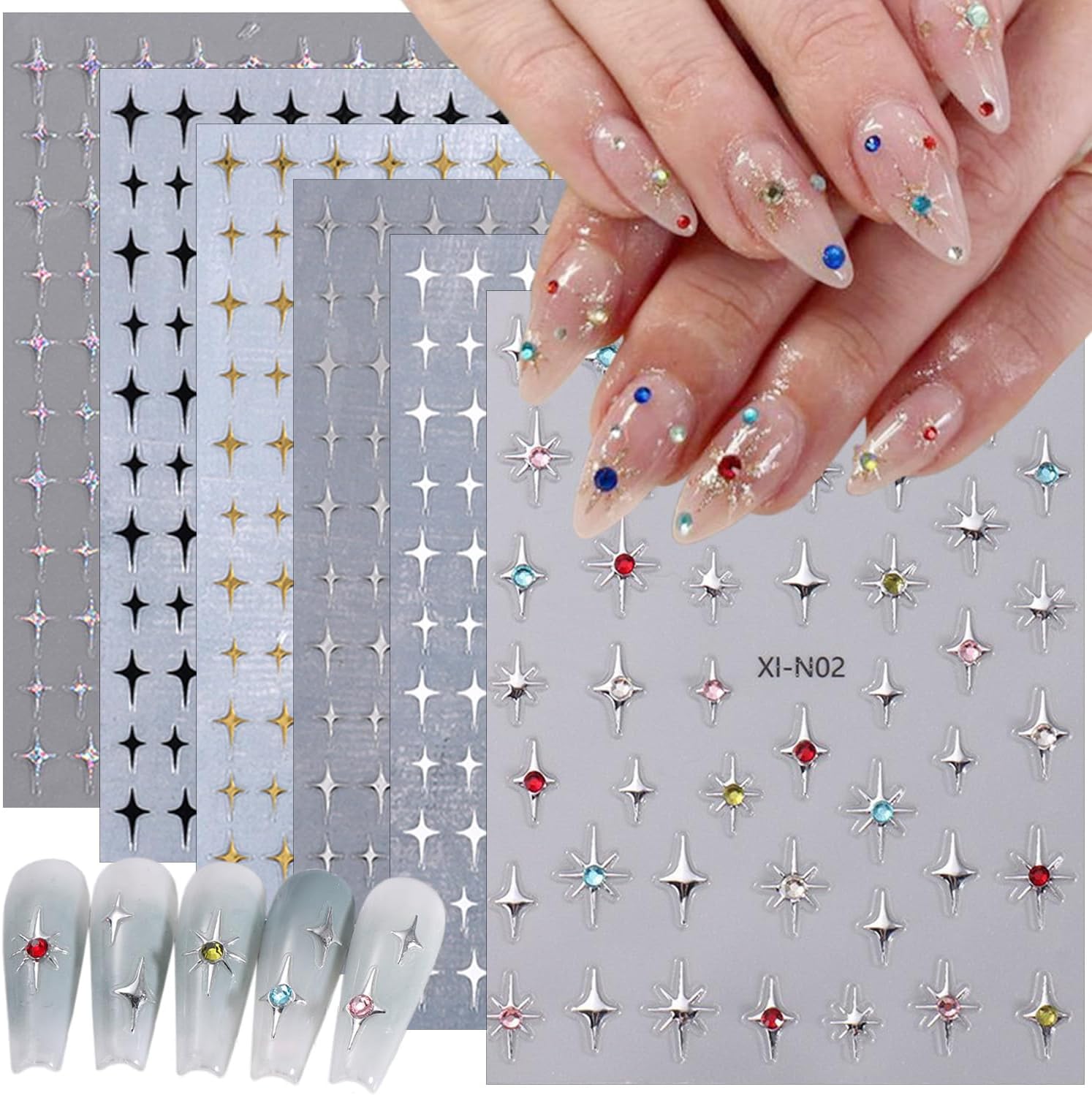 Amazon.com: Star Nail Art Stickers Nail Decals 3D Self-Adhesive Gold ...