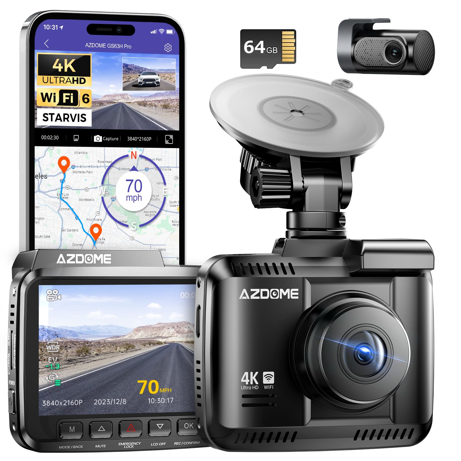 AZDOME 4K Dash Cam Front and Rear, 2160P Car Camera for Car,64GB Card ...