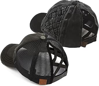 Funky Junque Criss Cross Hat Womens Baseball Cap Distressed Ponytail Messy Bun Trucker Ponycap ...