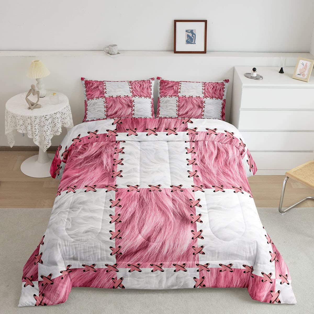 Pink White Cow Fur Bedding Set Cowhide Comforter Set for Kids Boys ...