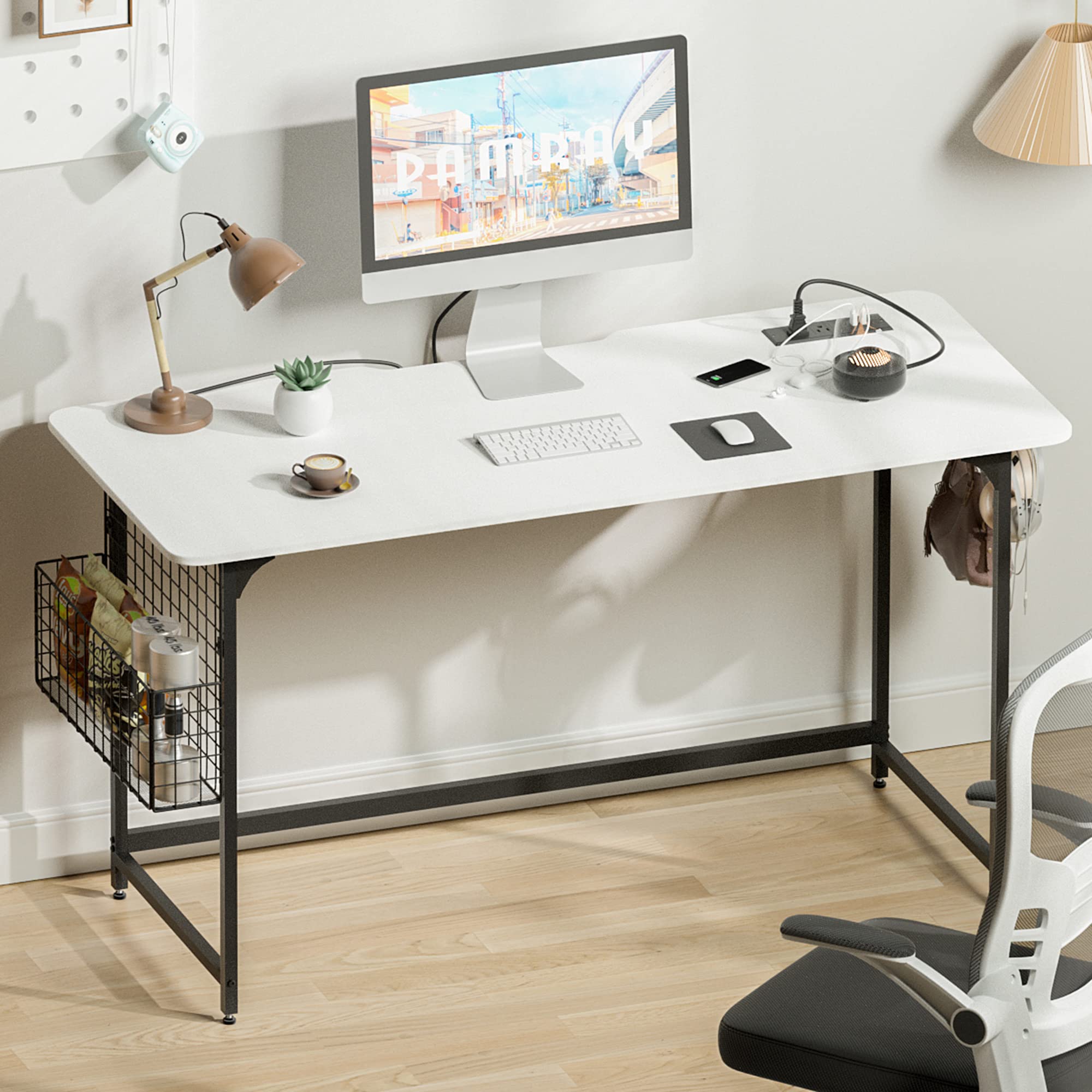 Pamray Small White Computer Desk with Outlets Built-in, Home Work ...