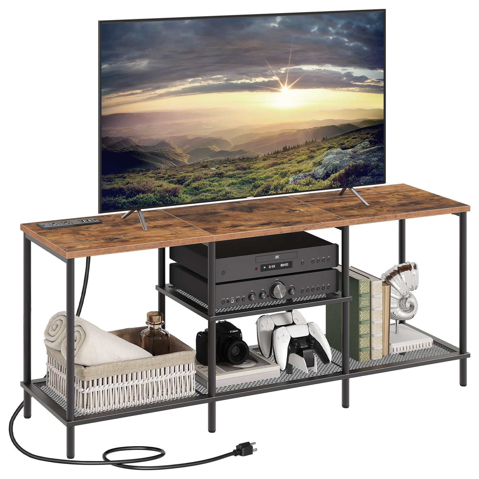 Amazon.com: MAHANCRIS Industrial TV Stand with Charging Station for TVs ...