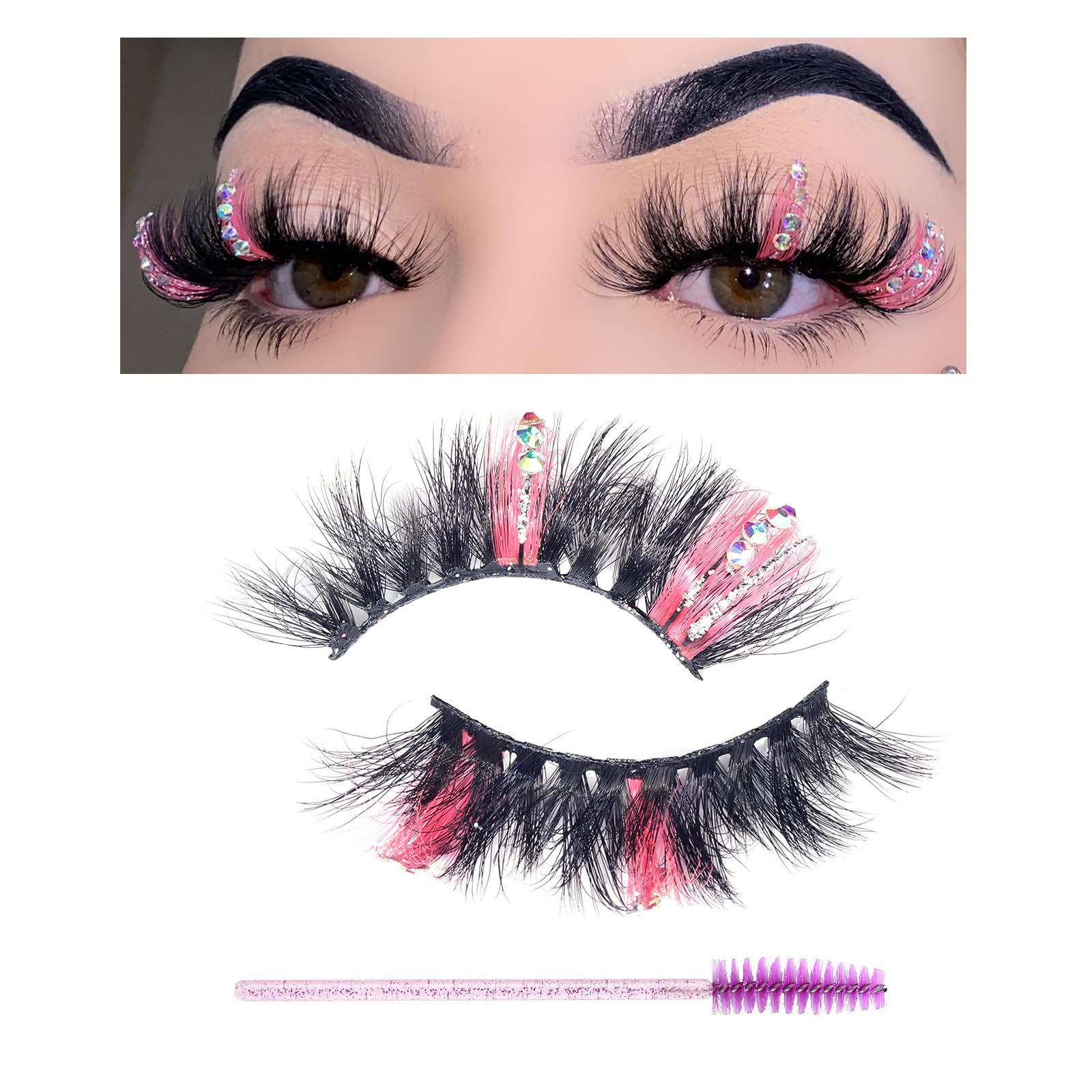 Amazon.com: Miss Kiss 1 Pair Lashes with Color Pink and Rhinestone ...