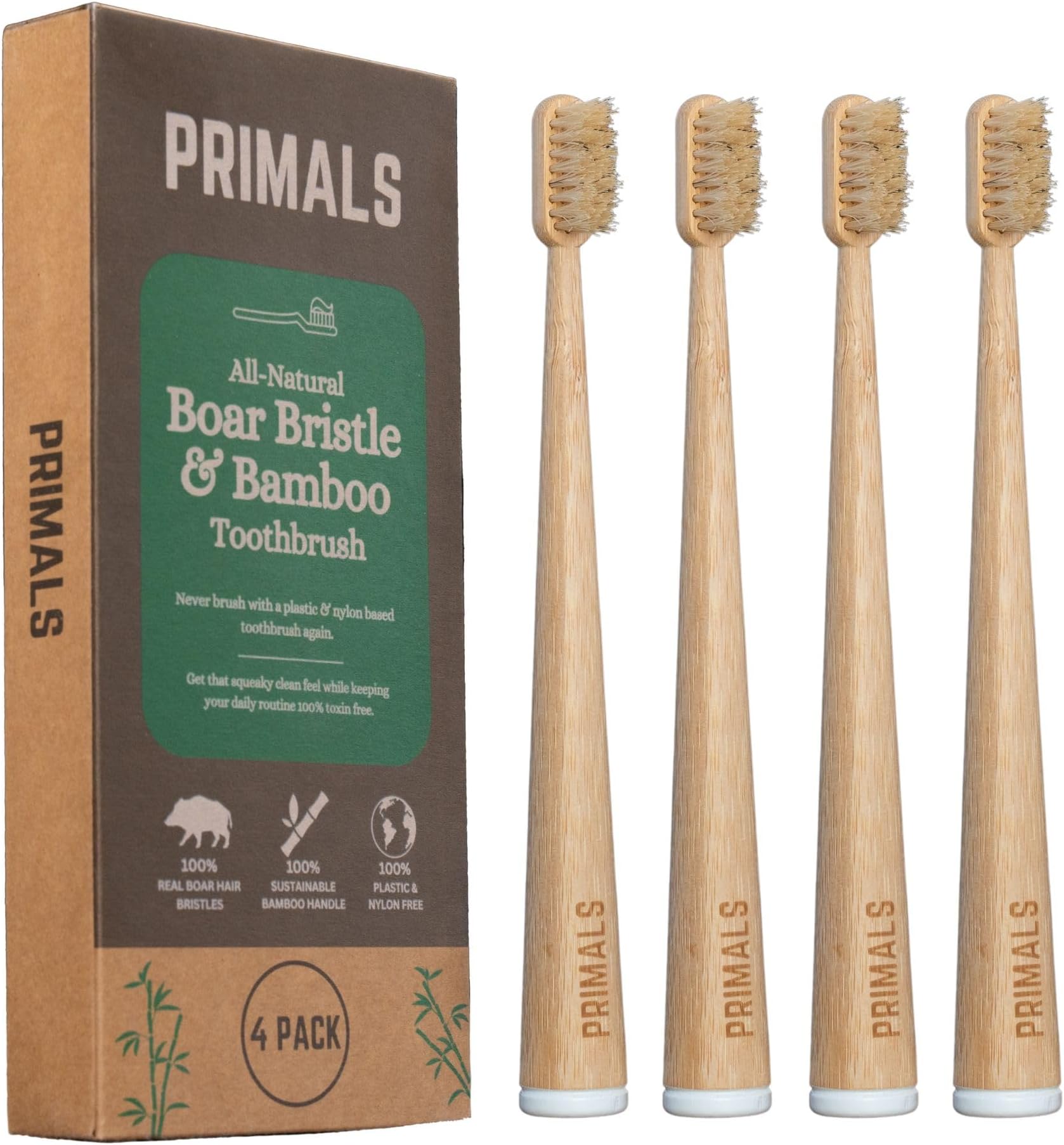 Amazon.com : PRIMALS Boar Bristle & Bamboo Toothbrush (4-Pack) - 100% ...