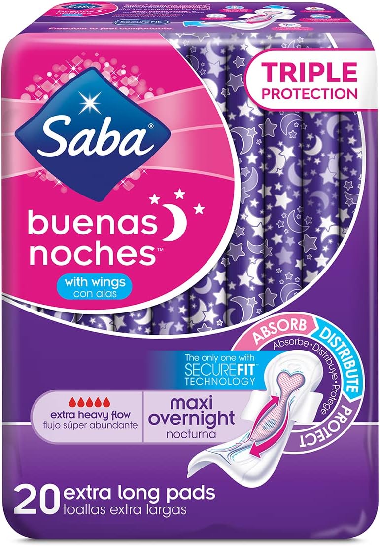 Amazon.com: Saba Buenas Noches Overnight Maxi Pads with Wings, Built ...