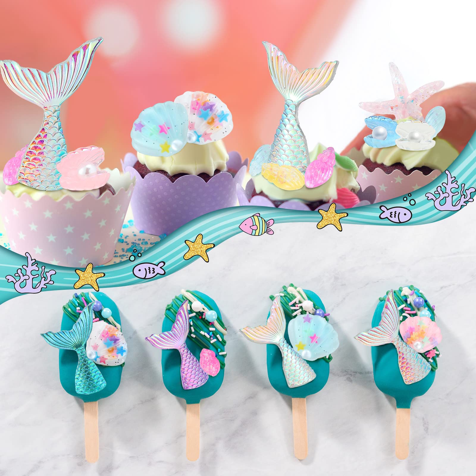 Snapklik.com : Pinkunn 24 Pcs Mermaid Tail Cake Topper Star Cupcake ...