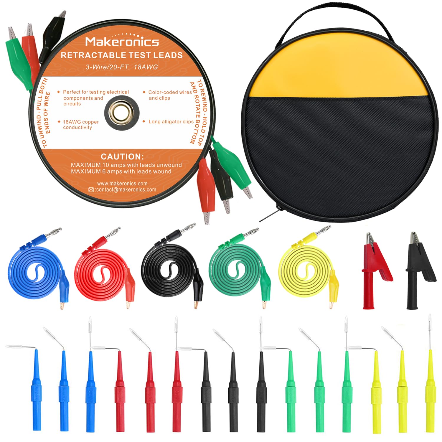Snapklik.com : Makeronics 3 Wires 20FT 18AWG Retractable Test Leads