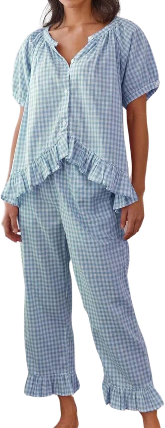 Amazon.com: codcm Womens Gingham Pajama Set 2 Piece Short Sleeve ...