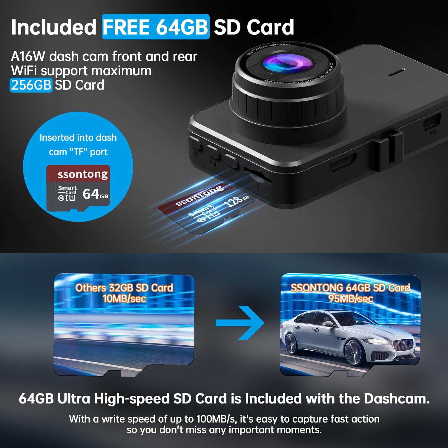 Dash Cam Front and Rear, Dash Camera for Cars WiFi/APP Control Dashcam W/ 64G SD Card, 2.5K Dash ...