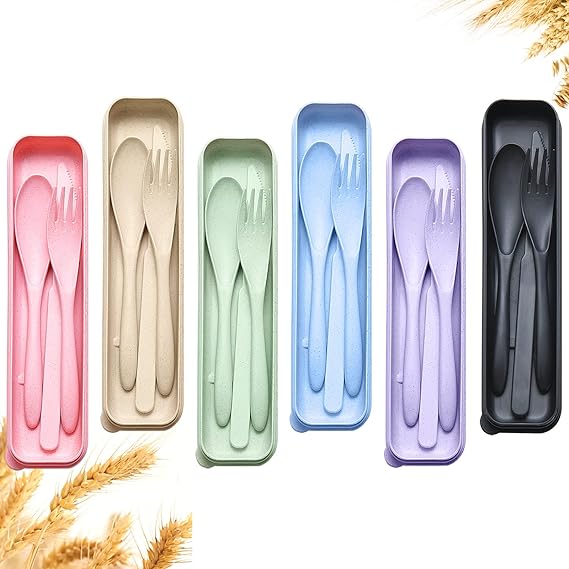 Amazon.com: Reusable Travel Utensils Set with Case, 6 Sets Wheat Straw ...