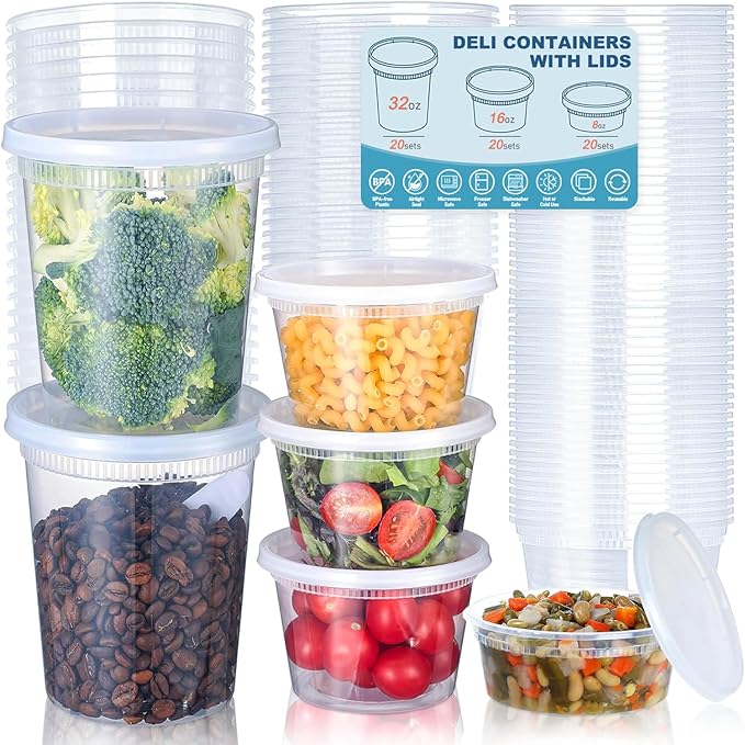 60 Pack Deli Containers with Lids, [8/16/32oz, each 20sets]Plastic Food ...