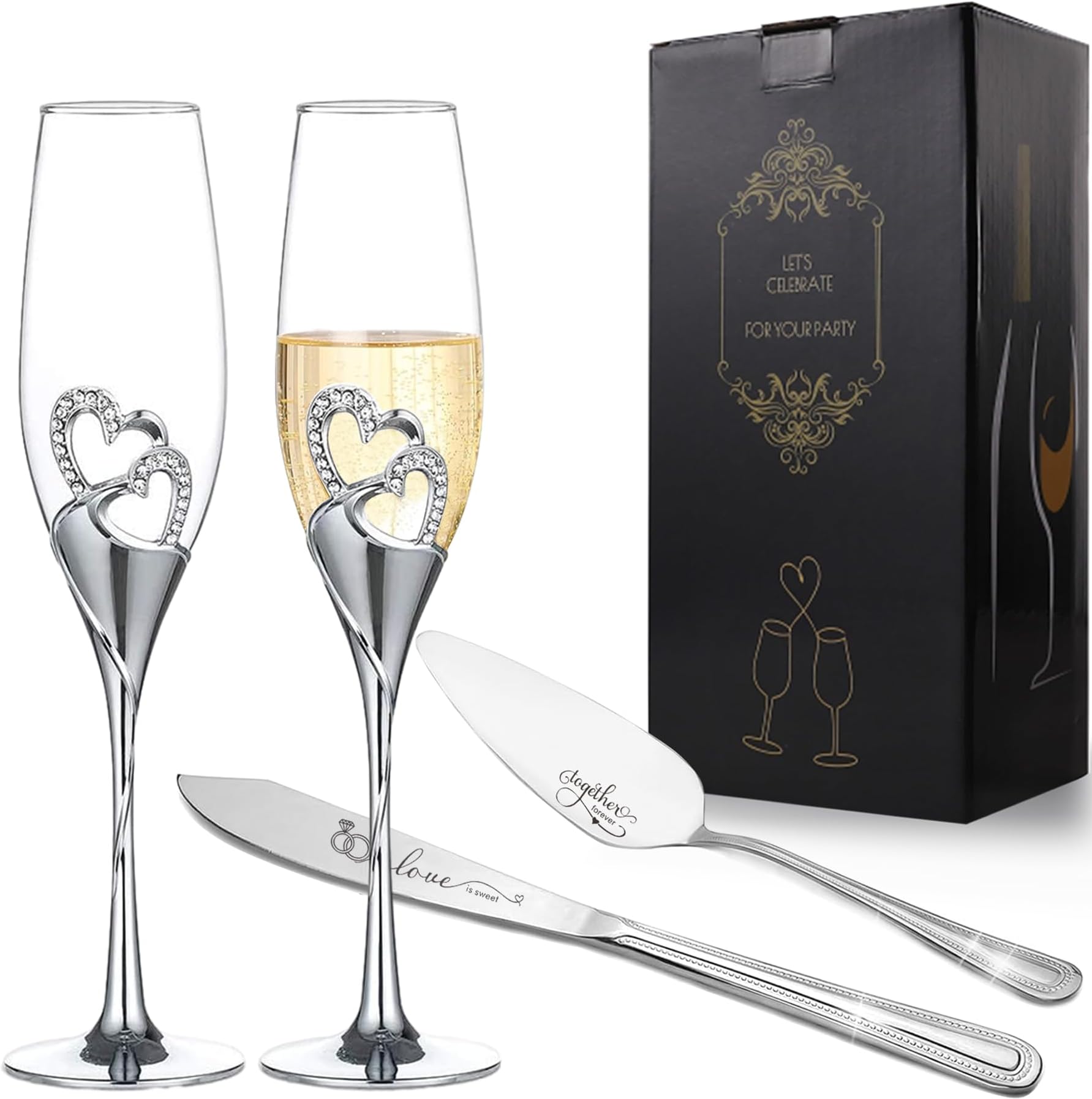 Amazon.com | VARLKA Wedding Cake Knife and Sever Set, Champagne Flutes ...