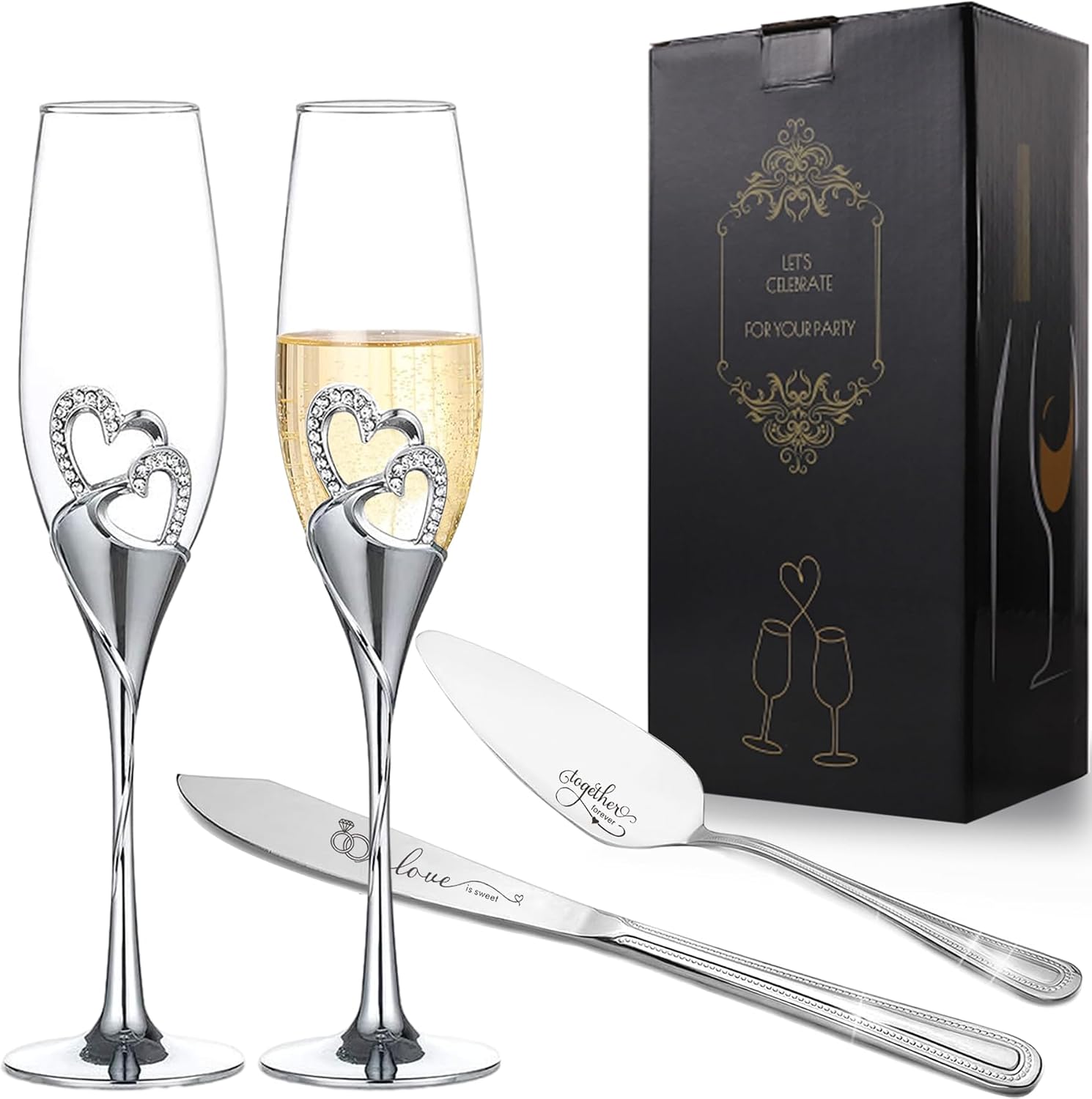 Amazon.com | VARLKA Wedding Cake Knife and Sever Set, Champagne Flutes ...