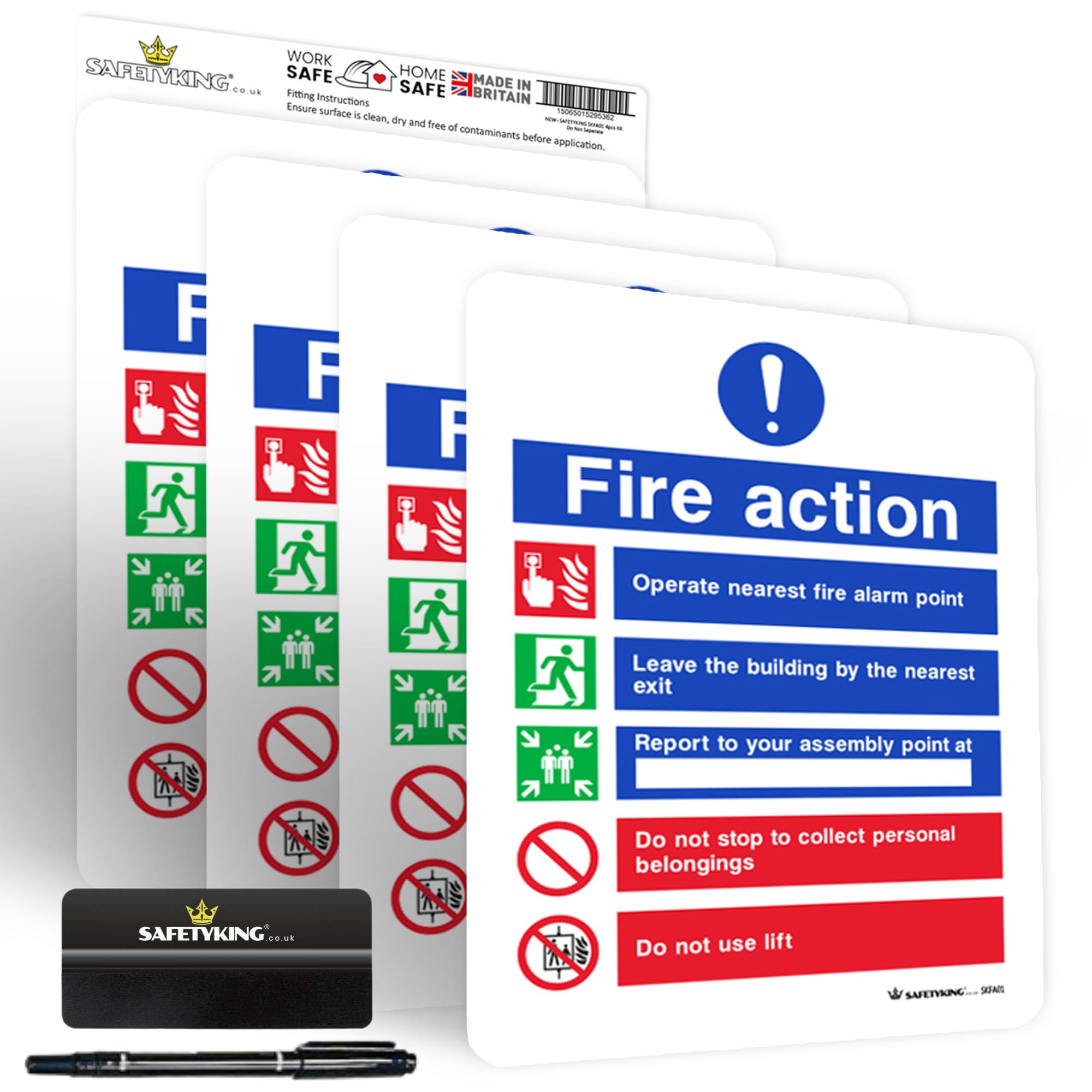 SAFETYKING® FIRE ACTION STICKER KIT - 4 Piece Set with Squeegee and ...
