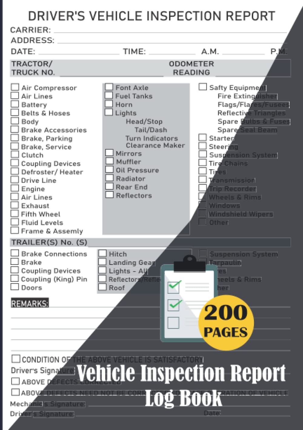 Driver's Vehicle Inspection Report Log Book: Daily Vehicle Inspection ...