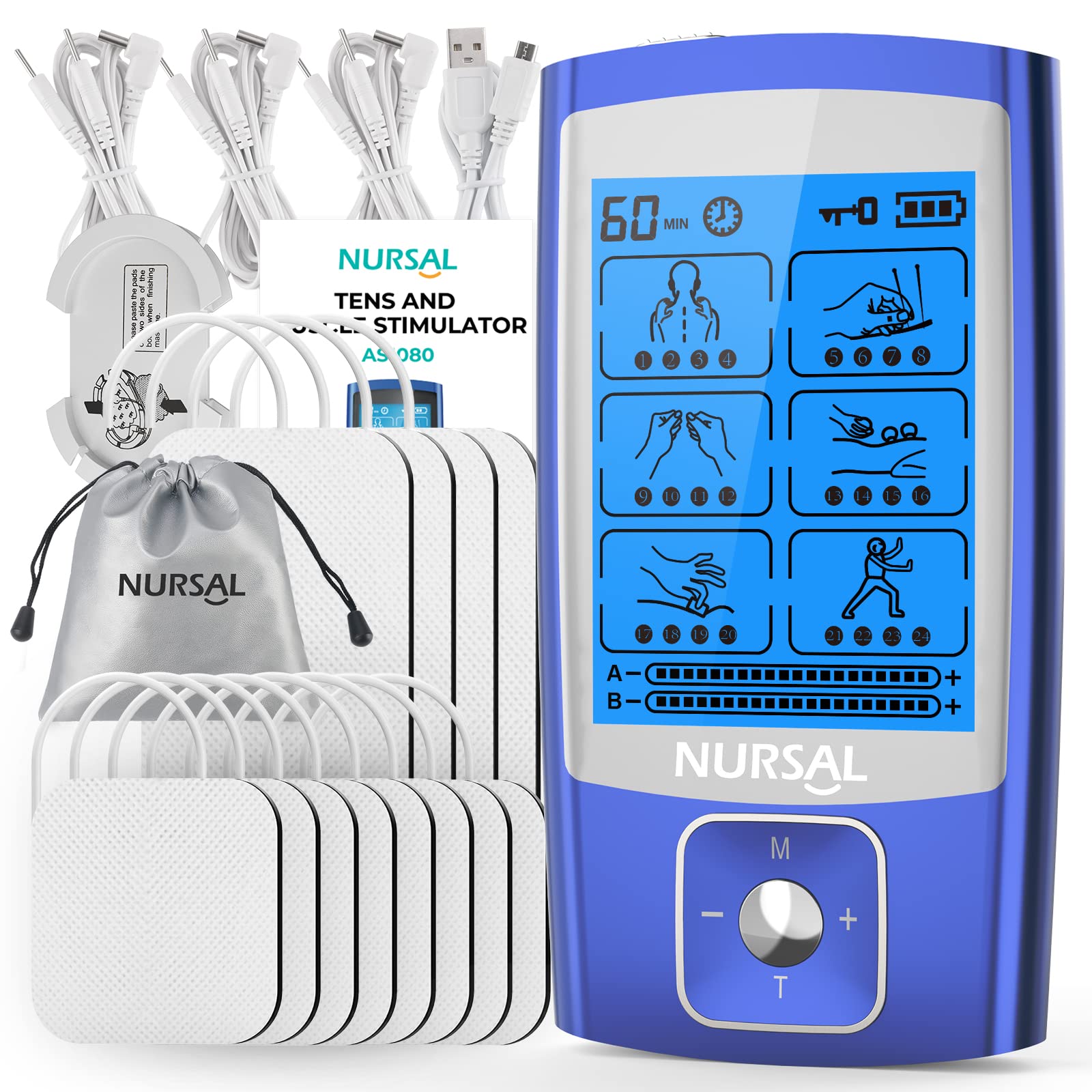NURSAL Dual Channel TENS Machine for Pain Relief, 24 Modes TENS Unit ...