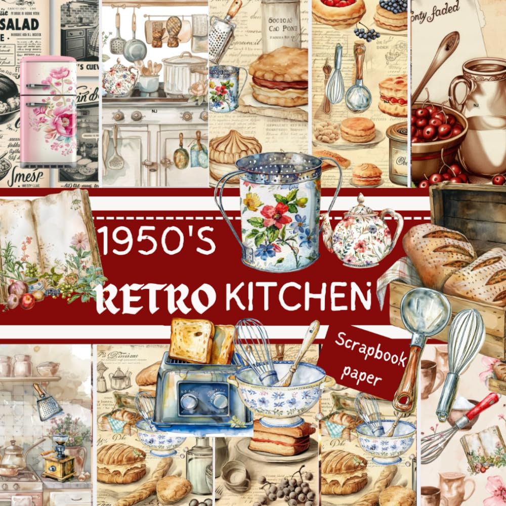1950'S RETRO KITCHEN SCRAPBOOK PAPER: This is a double sided craft ...