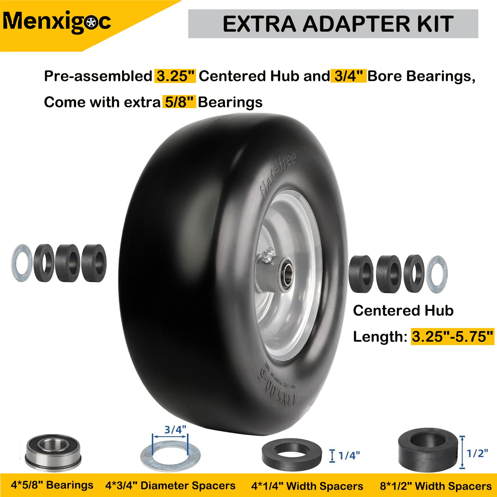 13x5.00-6 Flat Free Tire and Wheel, 13x5-6 Lawn Mower Tires, Zero Turn ...