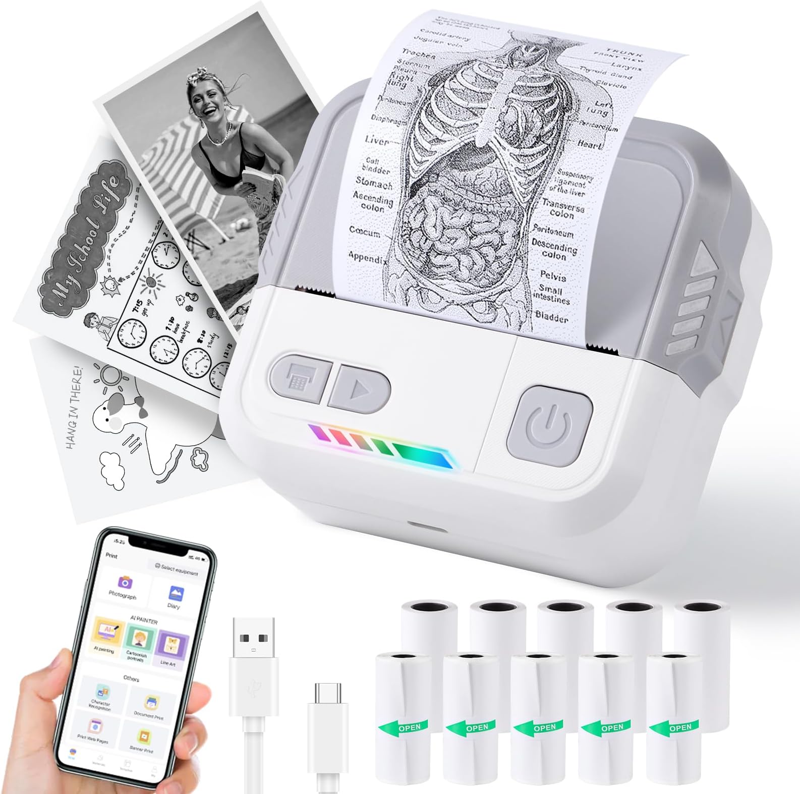 Amazon.com: Mini Printer Sticker Thermal Printer with 3 Rolls Paper ...