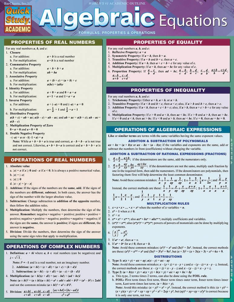 Algebraic Equations QuickStudy Laminated Reference Guide (QuickStudy Academic)