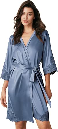 AW BRIDAL Womens Satin Robe Lace Kimono Robes Short Silky Bathrobe ...