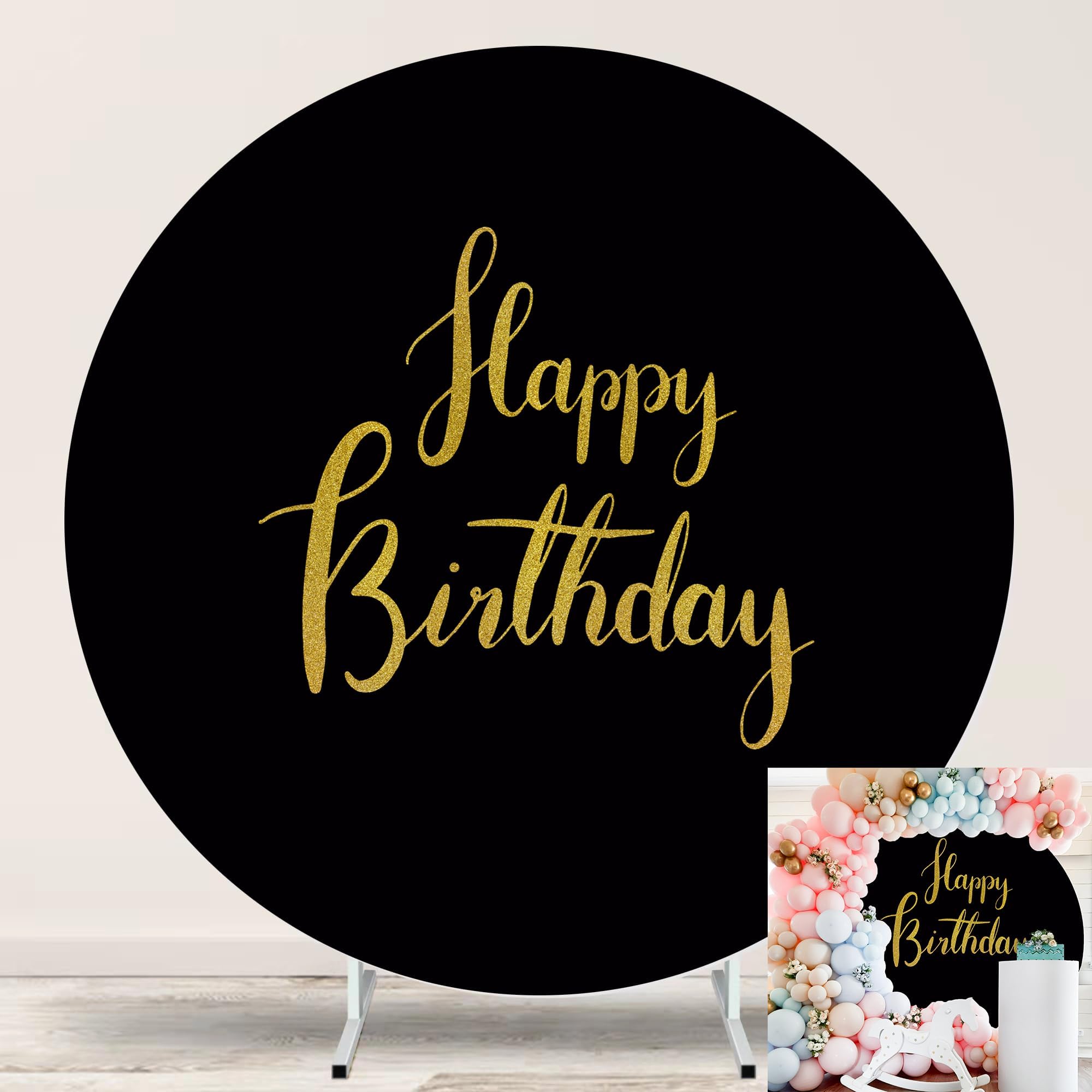 Amazon.com : OERJU Black Happy Birthday Round Backdrop Cover Happy ...