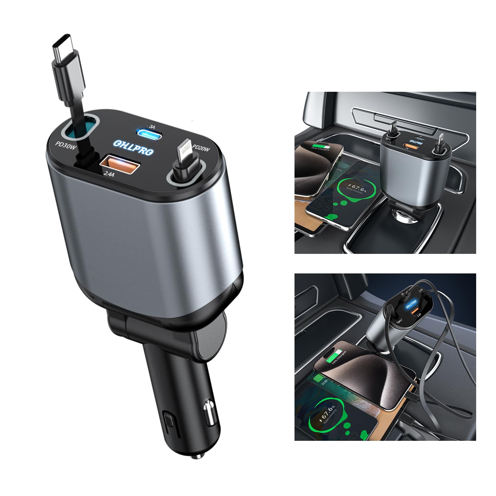 OHLPRO 4 in1 Retractable Car Charger, 80W Fast Charging Retractable ...