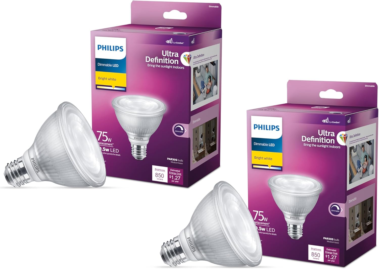 Amazon.com: PHILIPS LED 75W PAR30 2-Pack Ultra Definition Bright White (3000K) 850 Lumen (10.5W ...